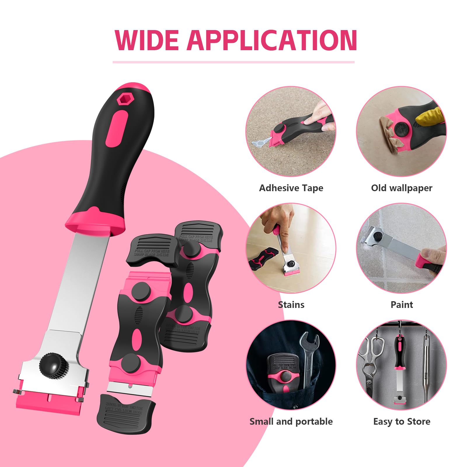 Ywmoml 3 Pack Razor Blade Scraper, Plastic Razor Blade Scraper, Scraper Tool with Extra 30 Plastic Razor Blades and 30 Metal Blades, Razor Scraper for Gum, Cooktop, Wallpaper or Glass Tool (Pink)