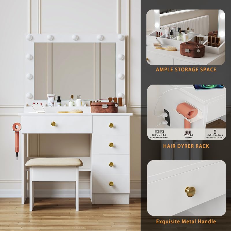 VIVILIFE 36’’ W Vanity Set, Vanity Desk with Power Outlet, Makeup Table with Mirror and LED Lights, Adjustable Lighting, 5 Drawer and Functional Desk Surface, Bedroom Choice for Women and Girls
