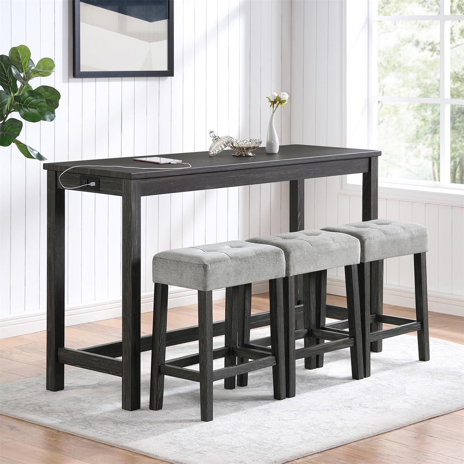 YWUFUART 60'' Industrial Black Solid Wood Bar Table Set with Power Outlet and 3 Grey Chairs for Living Room Dining Room Game Room