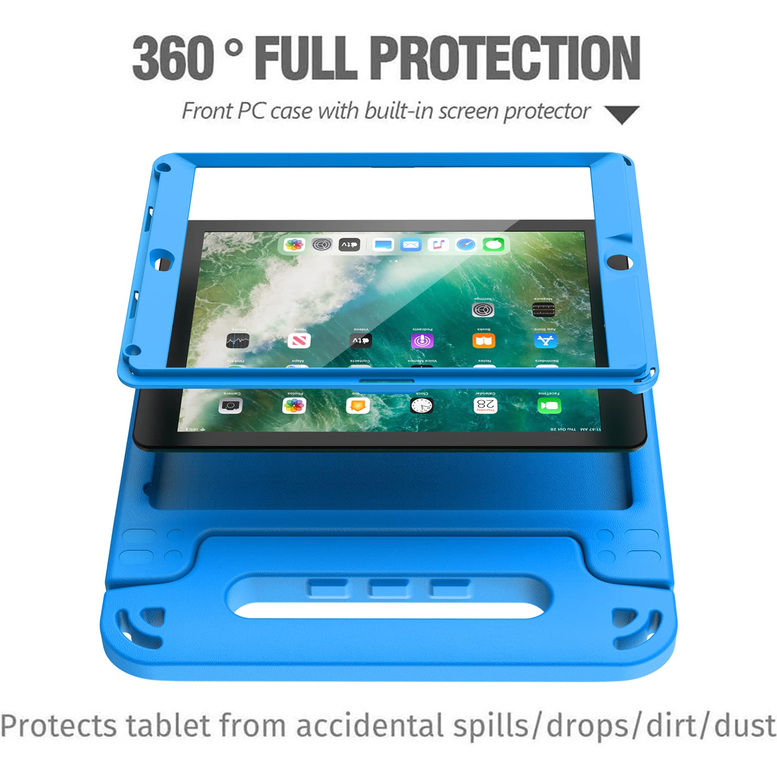 TIRIN 9.7-Inch Case, Kids Case for iPad 6th/5th Generation 2018/2017, iPad Air 1/2 & iPad Pro 9.7 Case with Built-in Screen Protector, Durable Shockproof Protective Cover with Convenient Handle, Blue