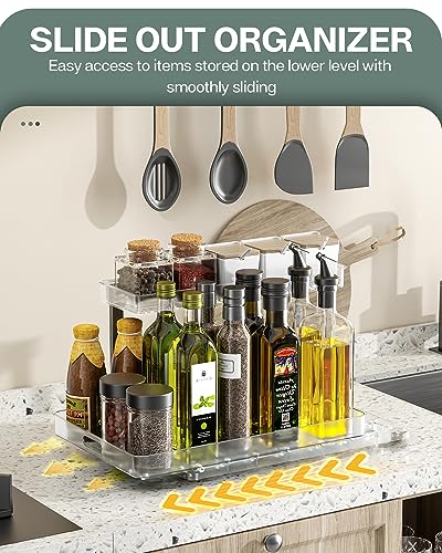 Under Sink Organizer and Storage with Under Sink Tray, 2 Tier Sliding Under Sink Shelf, L Shaped Pull Out Cabinet Basket Organizer, Slide Out Organizer Rack for Bathroom, Kitchen, 2 Pack, Clear