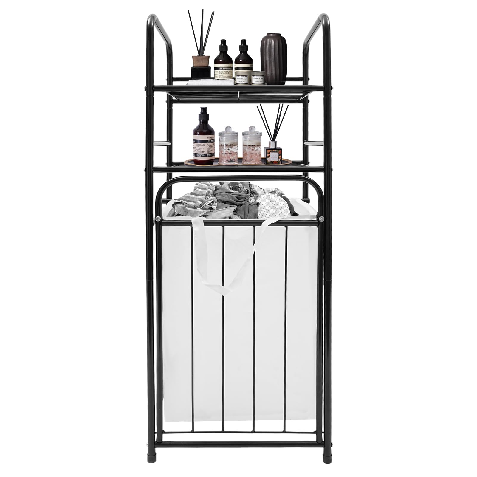 WUSILILU Tilt Out Laundry Hamper with 2 Tier Shelves, 2 Tier Storage Rack with Laundry Basket, Laundry Hamper Cabinet with Removable Liner Bag for Laundry Rooms, Bedrooms, Bathrooms, Apartments