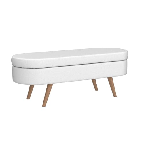 IAFIKE Oval Storage Bench 43.5" Linen Fabric Upholstered Ottoman Indoor Bench with Solid Wood Legs for Living Room/Bedroom/End of Bed/Entryway/Bed Side (White)