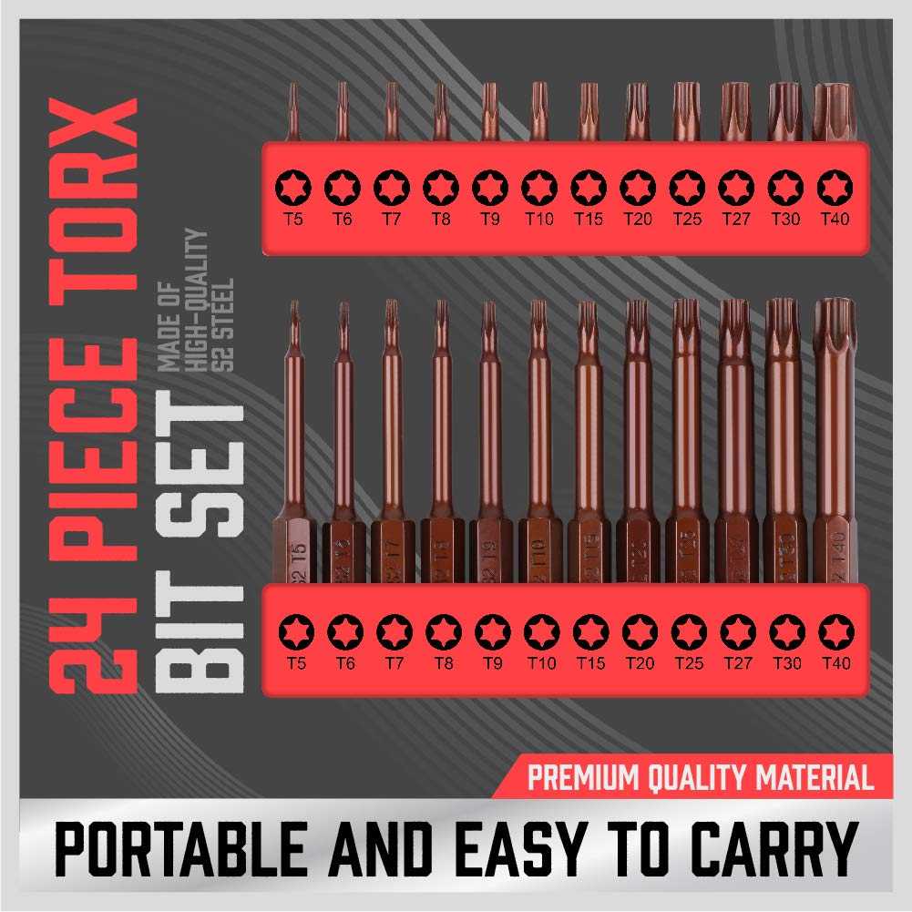 Tamper Proof Torx Screwdriver Bit Set - 24-Piece Star Bits Set, Torx Security Bit Set, 1-inch and 2.3-inch Long T5-T40 Temper Resistant Torx Bit Set