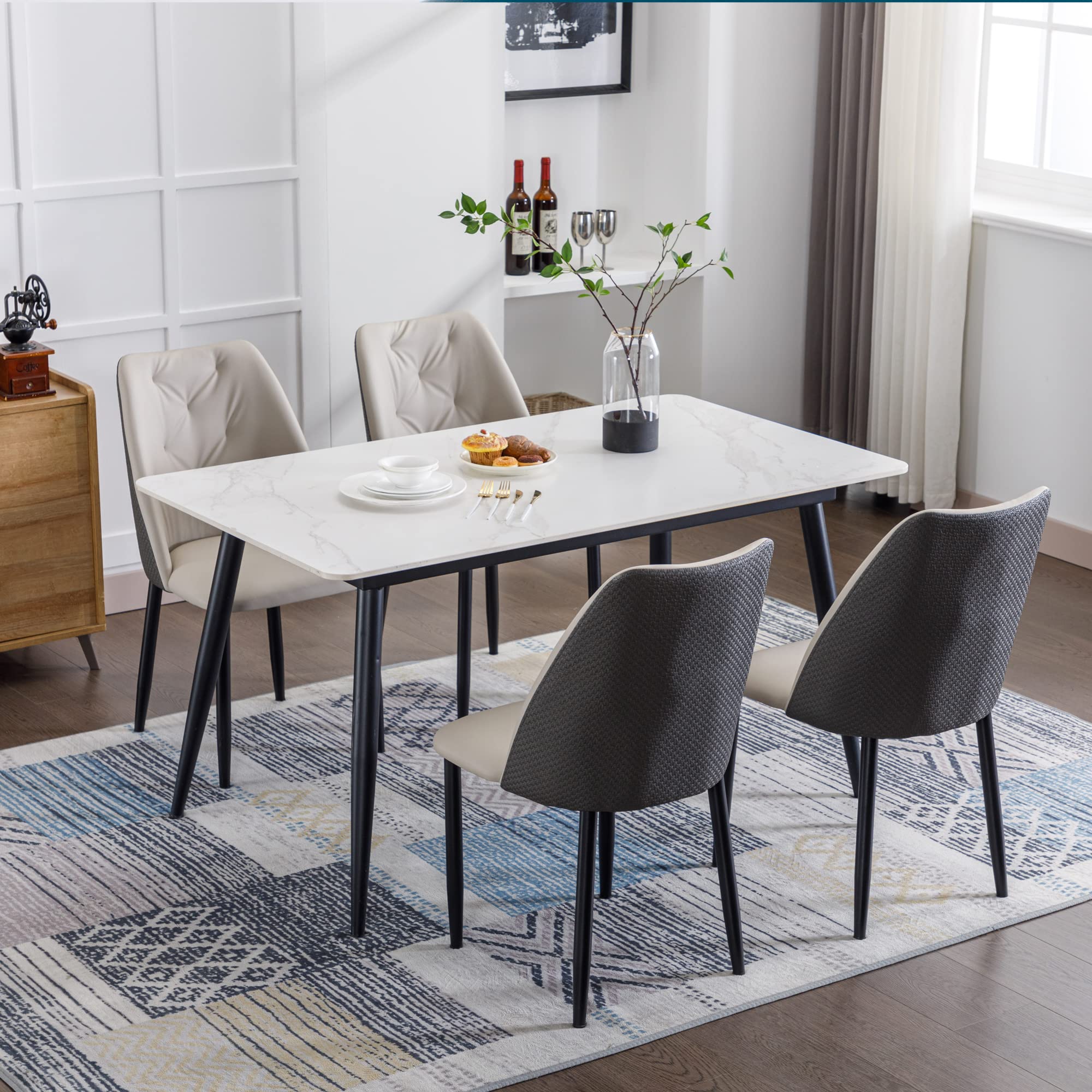INMOZATA Dining Chairs Set of 4, Mid Century Modern Dining Room Chairs, Upholstered PU Leather Kitchen Chairs with Metal Legs,Beige
