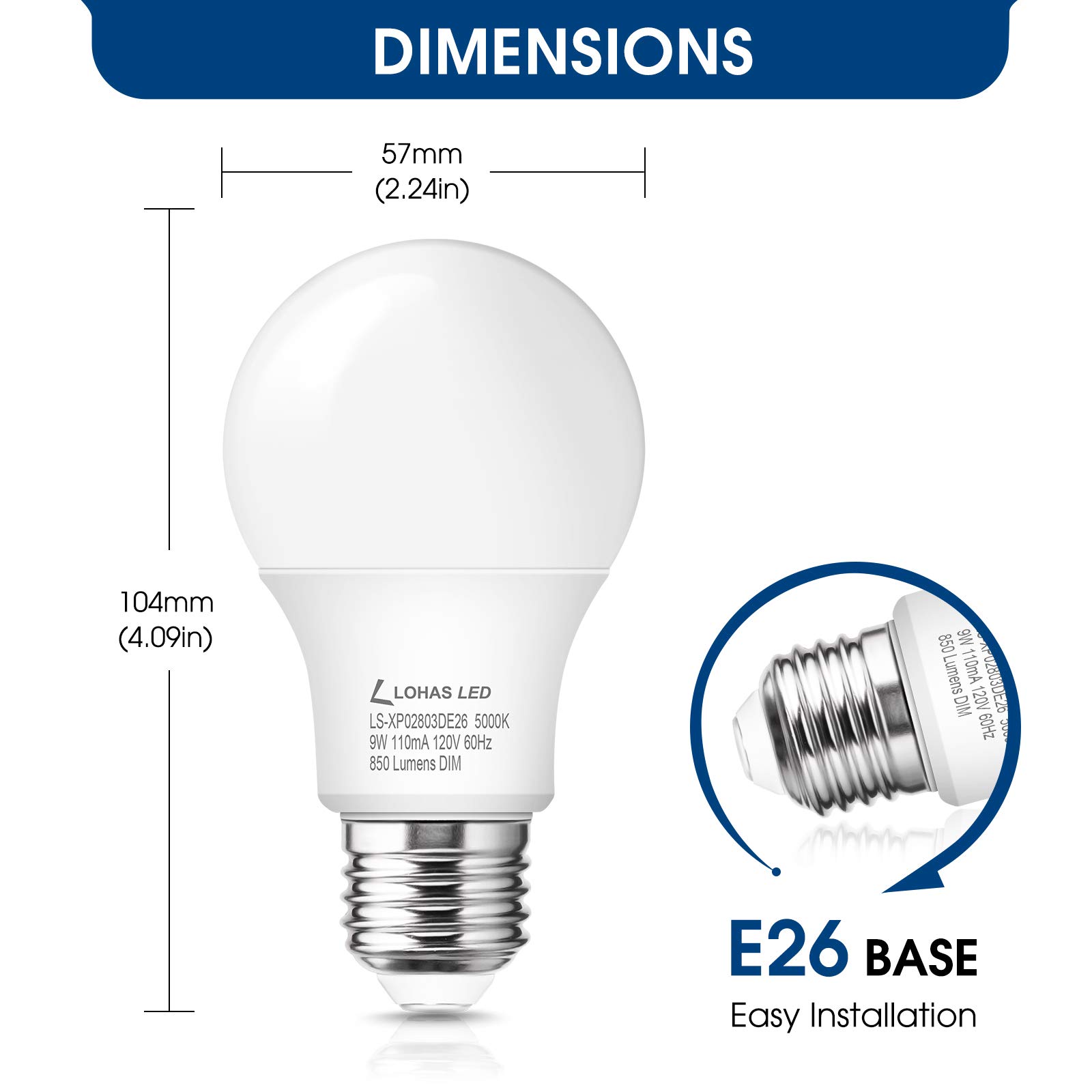 LOHAS A19 LED Bulb, 60Watt LED Light Bulb 9W, Daylight 5000K 850 Lumen E26 Base, 120V Energy-efficient Bedroom Lamps Pendant Fixtures Bedroom, Living Room Kitchen Office, Dimmable, 3 Pack