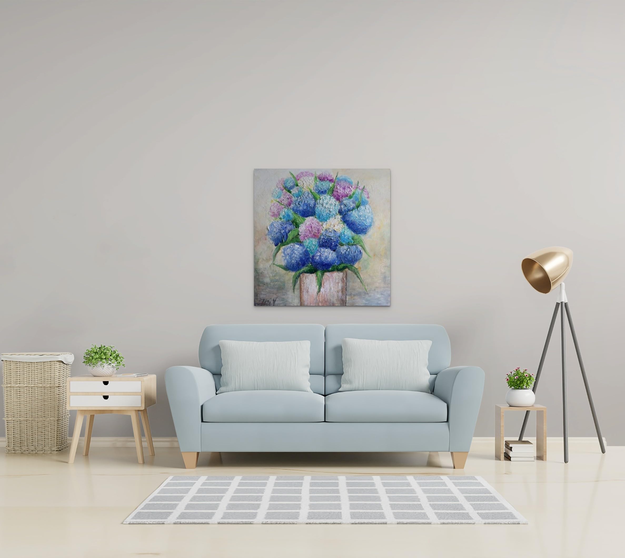 Hydrangea Flowers Blue Lavender White Bouquet in Ceramic Vase, Original Oil Painting