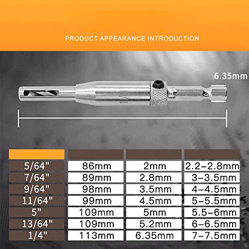 Self Centering Drill Bit with Hex Key 8 Pack, Hinge Set Tools Hole Alignment Bits 5/64'' 7/64'' 9/64'' 11/64'' 13/64'' 5mm 1/4'' for Woodworking Steel Metal