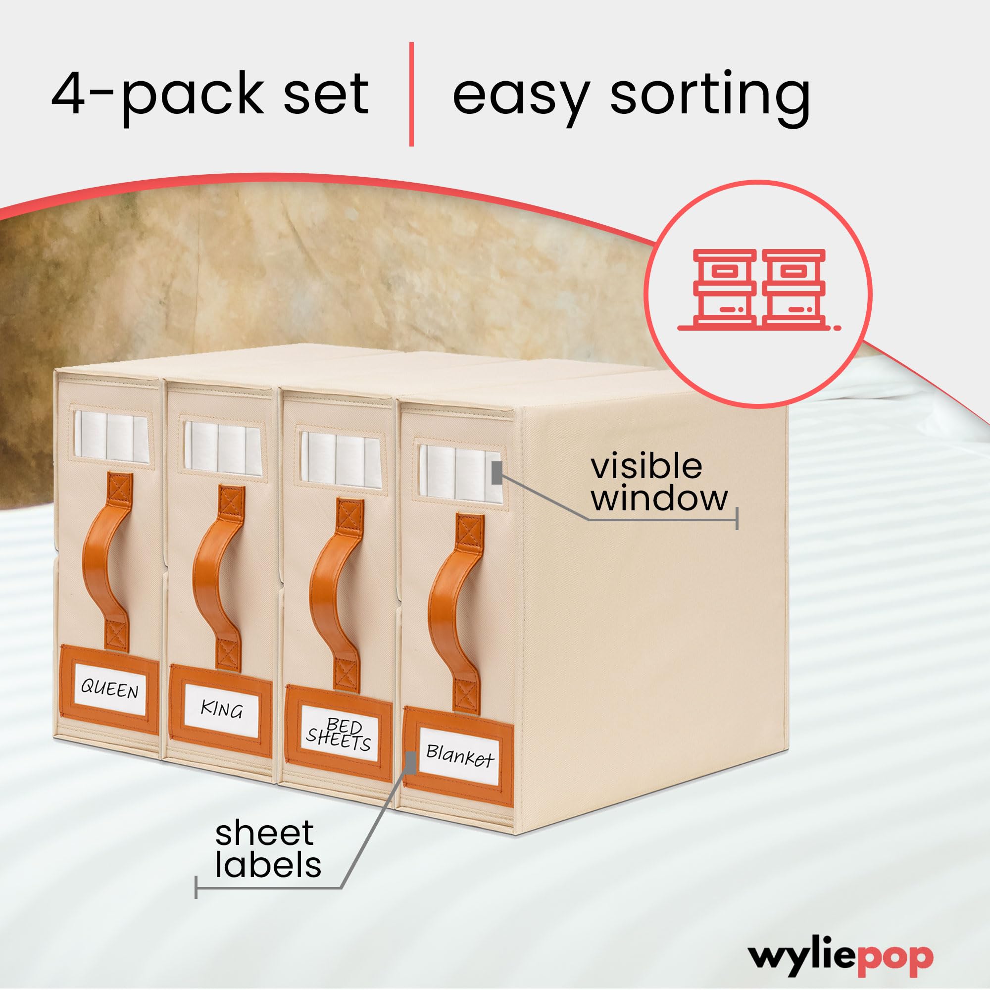 Wyliepop 4-Pack Bed Sheet Organizers, Premium Bedsheet Organizers and Storage with Leather Handles & Borders, Woven Oxford Fabric, Heavy Duty Zipper - 14.9"x12.6"x4.7" Linen Bedsheet Organizer Boxes