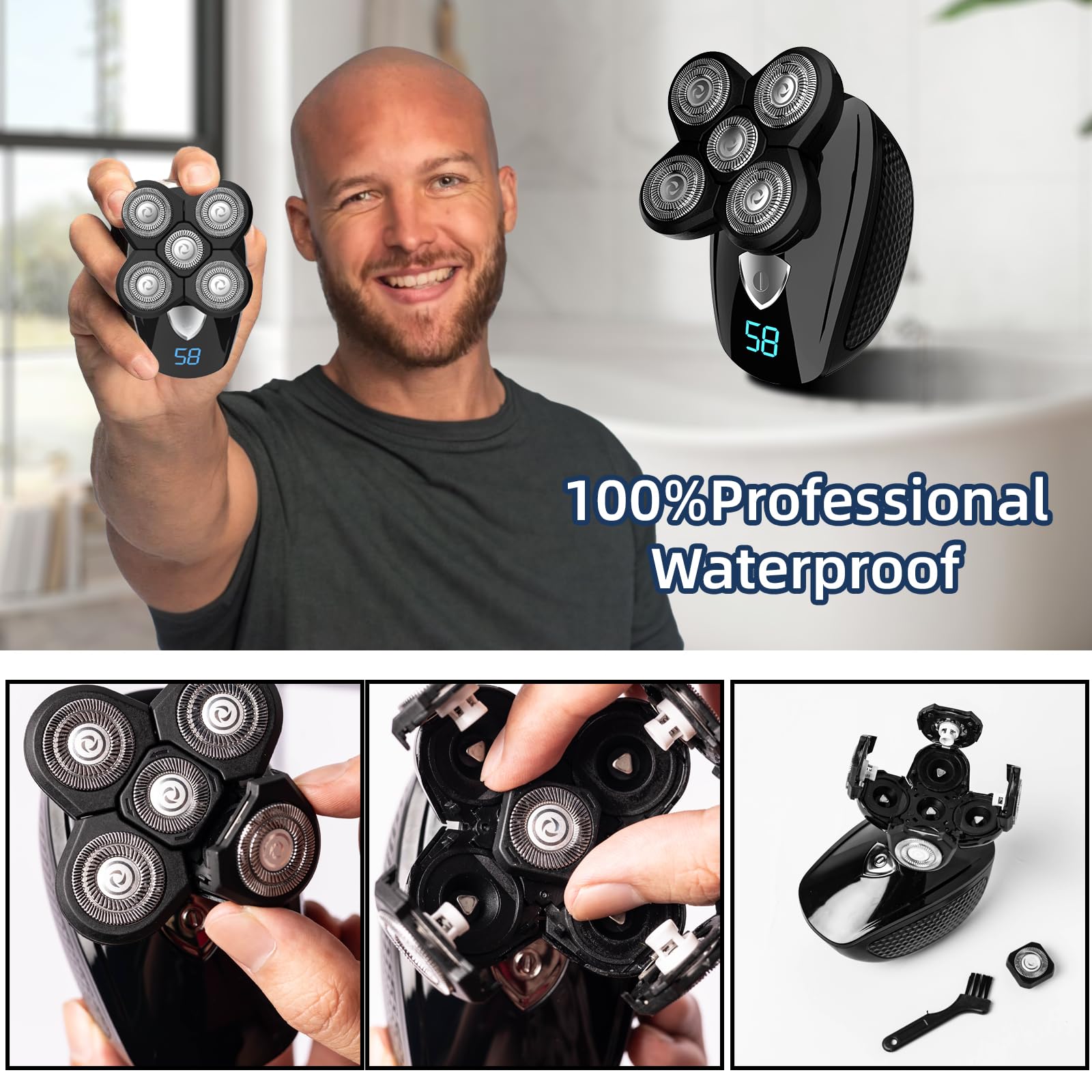 PHXCHAM Head Shavers for Bald Men,Rotary Waterproof Cordless Bald Electric Shavers, Dry Wet Shaving for Men (Silver)