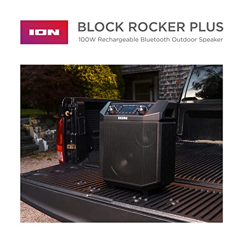 ION Block Rocker Plus - 100W Bluetooth Outdoor Speaker with Rechargeable Battery, Karaoke Microphone, Radio, Wheels, Telescopic Handle & USB Charging