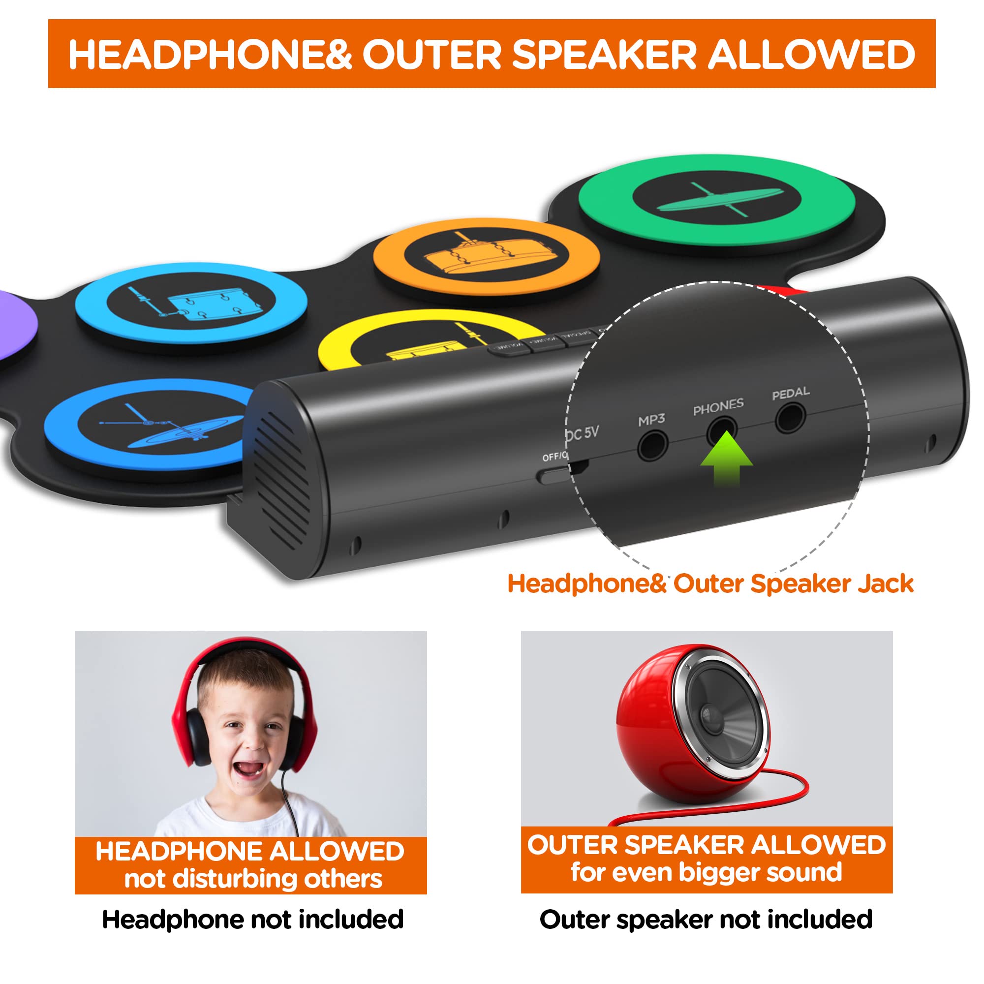 ORASANT Real-Effect Rechargeable Portable Electronic Drum Set, Multi-Functional Electric Drum Set with Volume Adjustable Built-in Speaker Headphone-Jack Foot Pedals Sticks 10H Playtime, Christmas Gift