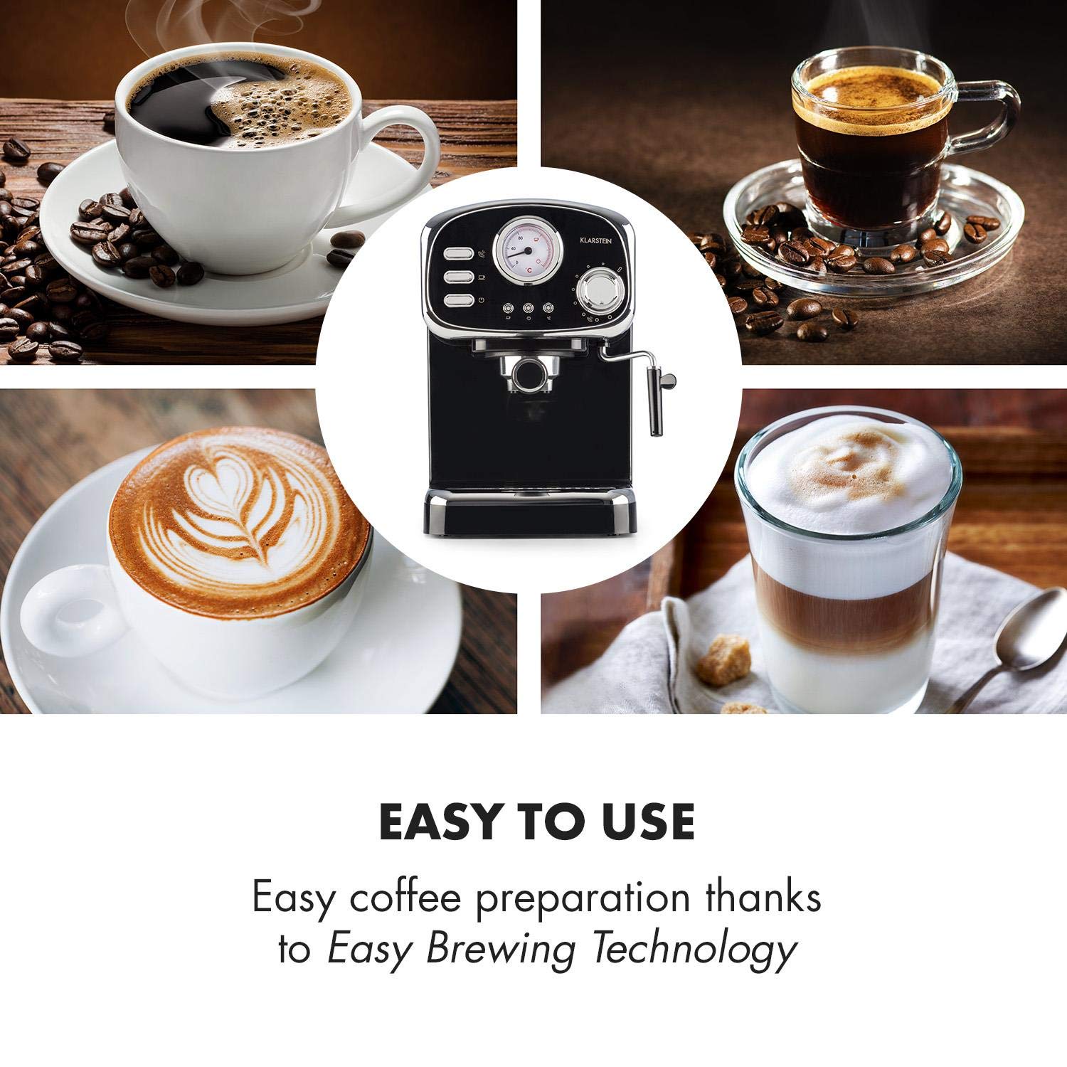 KLARSTEIN Espressionata Gusto - Espresso Maker, 20 Bar Pump Pressure, 1100 Watts, Makes 6 cups (0.3 gallon), Removable Stainless-Steel Drip Grid, Dishwasher-Safe Drip Tray, Retro Look, Black