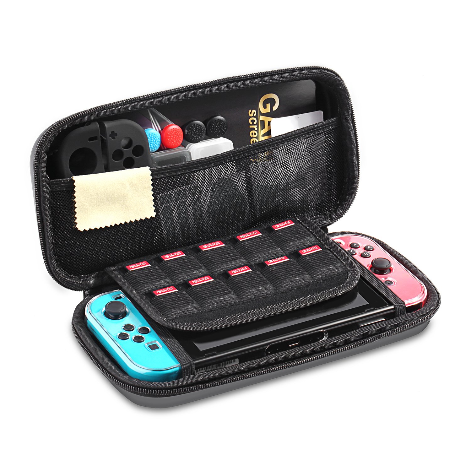 iAmer Accessories for Nintendo Switch 11 in 1 Starter Kits,Include Carrying Case for Switch,Protective Cover,Tempered Glass Screen Protector,Silicone Cover for Joy Con,Thumb Grips Caps,Game Card Case