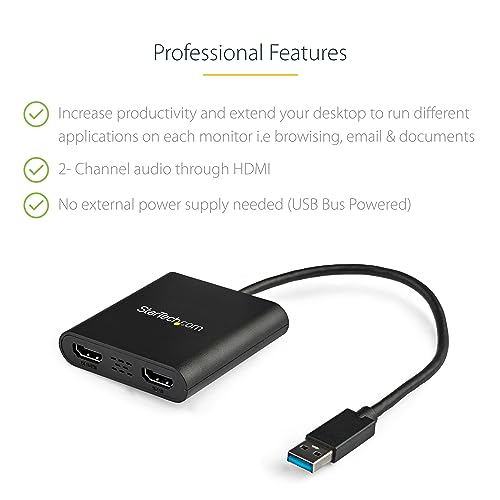 StarTech.com USB 3.0 to Dual HDMI Adapter - 1x 4K 30Hz & 1x 1080p - External Video & Graphics Card - USB Type-A to HDMI Dual Monitor Display Adapter - Supports Windows Only - Black (USB32HD2)