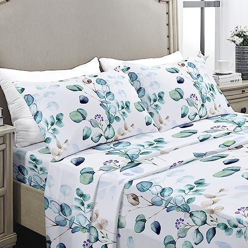 YIYEA Queen Sheet Set - Plant Print - Luxury Brushed Microfiber Bed Sheets - Lightweight Breathable Cooling Sheets for Queen Size Bed - 16" Deep Pocket, Shrinkage, and Fade Resistant - 4 PC