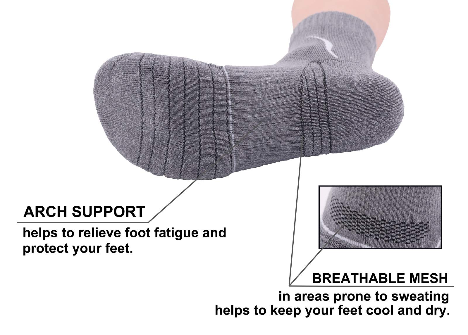 Kodal Copper Infused Hiking Socks No Smell Ankle Support Walking Socks Anti Slip Comfortable Cushion - 5 Pairs