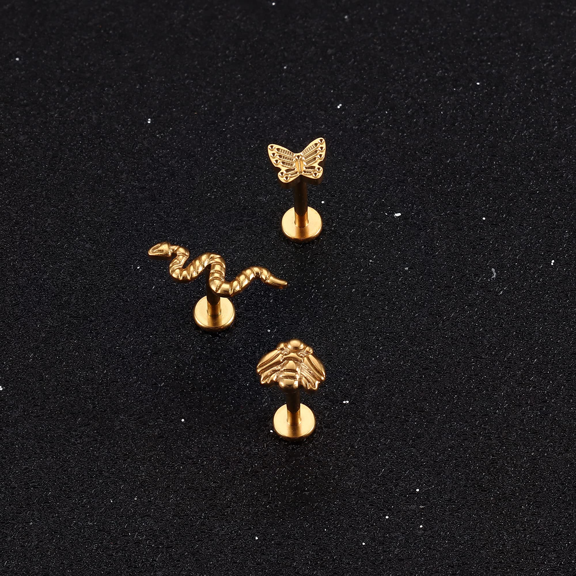 MILACOLATO 3Pcs 16G Solid Titanium Cartilage Earrings Internally Threaded Flatback Stud Earrings Snug Forward Helix Tragus Ear Piercing Jewelry for Women, Gold