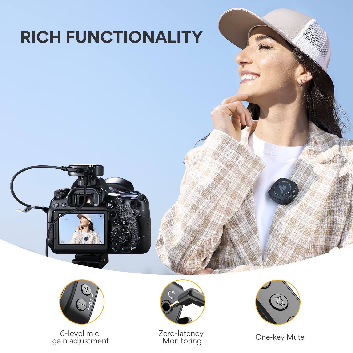 MAONO Compact Wireless Lavalier Microphone, 2.4GHz Dual Lapel Mics with Real-time Monitoring, Gain Adjustment and Mute for Interview, Vlogging, Live Streaming, Phone, Camera (WM820 A1)
