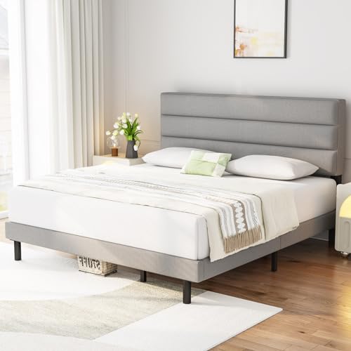 IYEE NATURE Queen Bed with Headboard,Sturdy Platform Bed with Wooden Slats Support,No Box Spring,Mattress Foundation,Easy Assembly,Grey