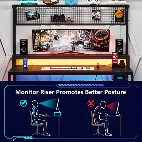 Tribesigns 55 Inch Gaming Desk with 2-Outlet & 2 USB Ports, Large Computer Desk with Monitor Stand, Ergonomic Gamer Table with Metal Storage Basket, Black