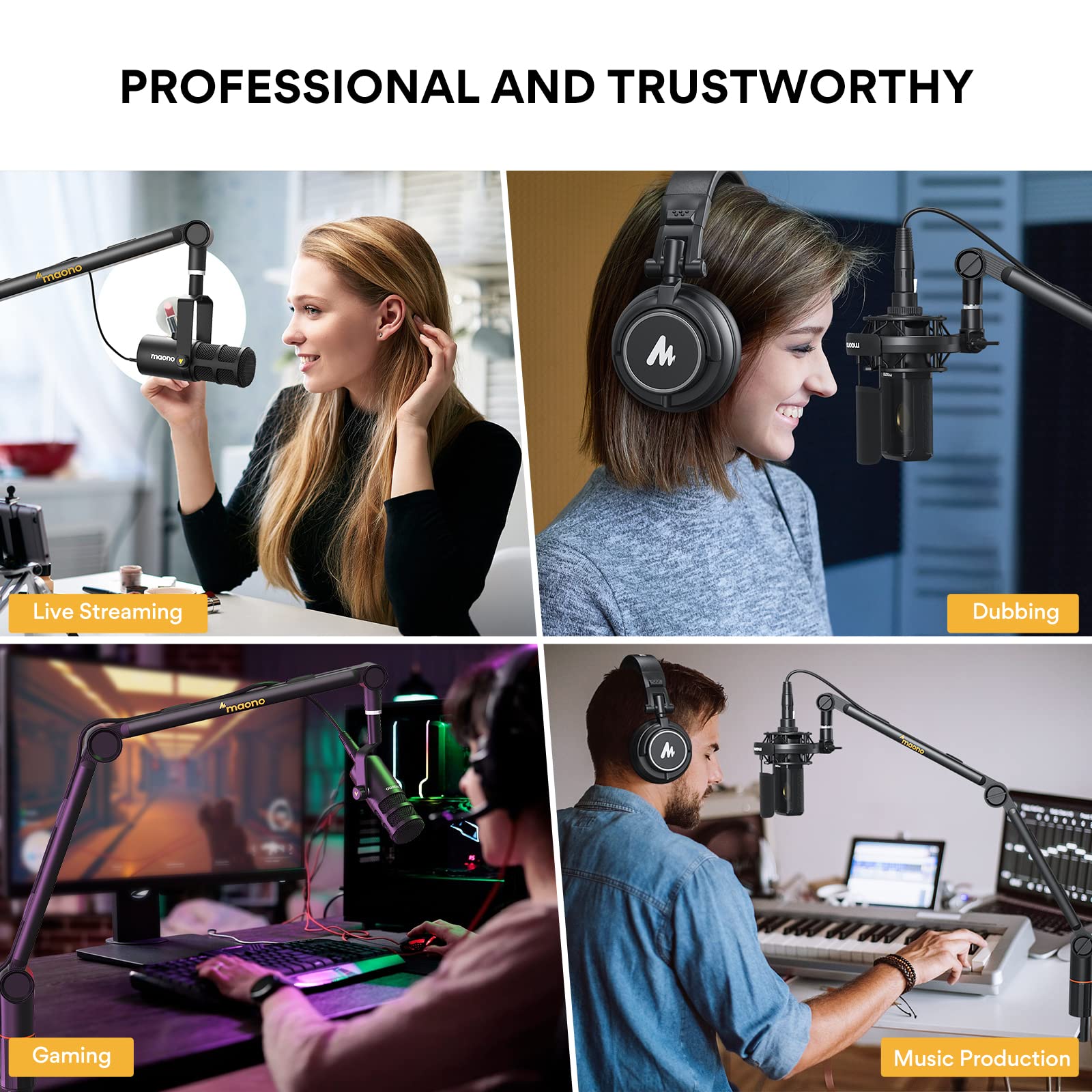 Maono Microphone Boom Arm, [ Sturdy & Stable] [Adjustable 360°]Rotatable Mic Boom Arm Stand with 3/8" to 5/8" Adapter, Heavy Duty Microphone Stand for Radio Studio, Podcast, Gaming (BA90)