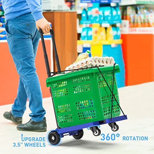 Ronlap Folding Hand Truck, Portable Dolly Cart Foldable Lightweight, 4 Wheels Push Cart Dolly for Moving, 265lbs Heavy Duty Moving Dollys with Wheels, Small Platform Hand Cart with 2 Ropes, Blue