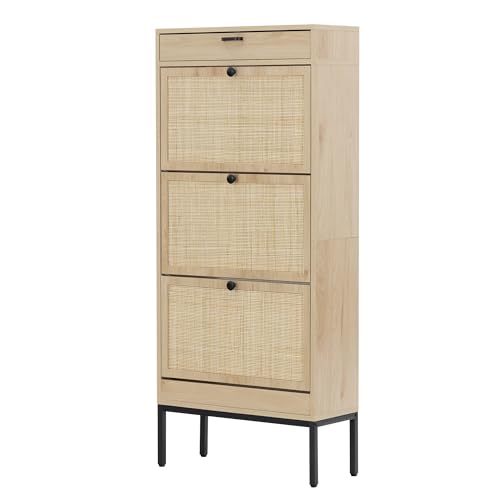 XIAO WEI Shoe Cabinet, Natural Rectangular Handmade Rattan Shoe Storage Organizer Cabinet with 3 Flip Drawers, Freestanding Shoe Rack with Adjustable Shelf for Entryway