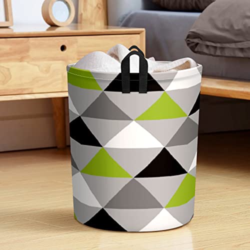Waterproof Foldable Laundry Hamper with Handles Lime Green Black White Triangles On Light Gray Round Dirty Clothes Laundry Basket Storage Bin Organizer for Toy Collection