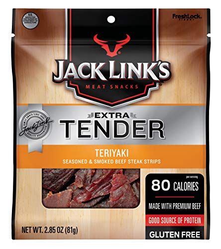 Jack Linkâs Extra Tender Beef Jerky Steak Strips, Teriyaki, 2.85 oz â Flavorful Meat Snack, 9g of Protein and 80 Calories, Made with Premium Beef - Gluten Free and No Added MSG or Nitrates/Nitrites