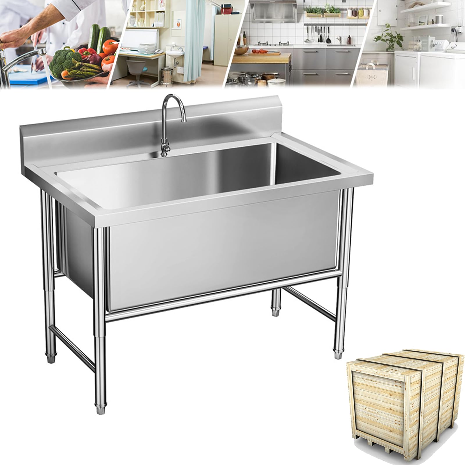 IOXGSGI 40" 1-Compartment Commercial Sink with Faucet, 304 Stainless Steel Sink with Drain for Restaurant, Freestanding Utility Sink for Laundry Room, Garage