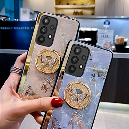 Topwin Kickstand Case, Cute Marble Conch Shell Floral Butterfly with Ring Stand Elegant Shockproof Protective Cover for Girls Women for Samsung Galaxy S22 Plus (Rose Gold)