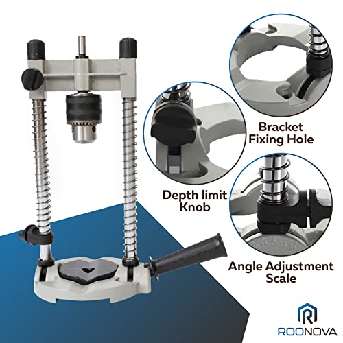 ROONOVA: Angle Drill Guide | Portable Drill Press Stand | Strong Aluminum Alloy | Multi-Angle Adjustable Drill Press Guide with Chuck | Portable & Lightweight | Complete with Credit Card Tool