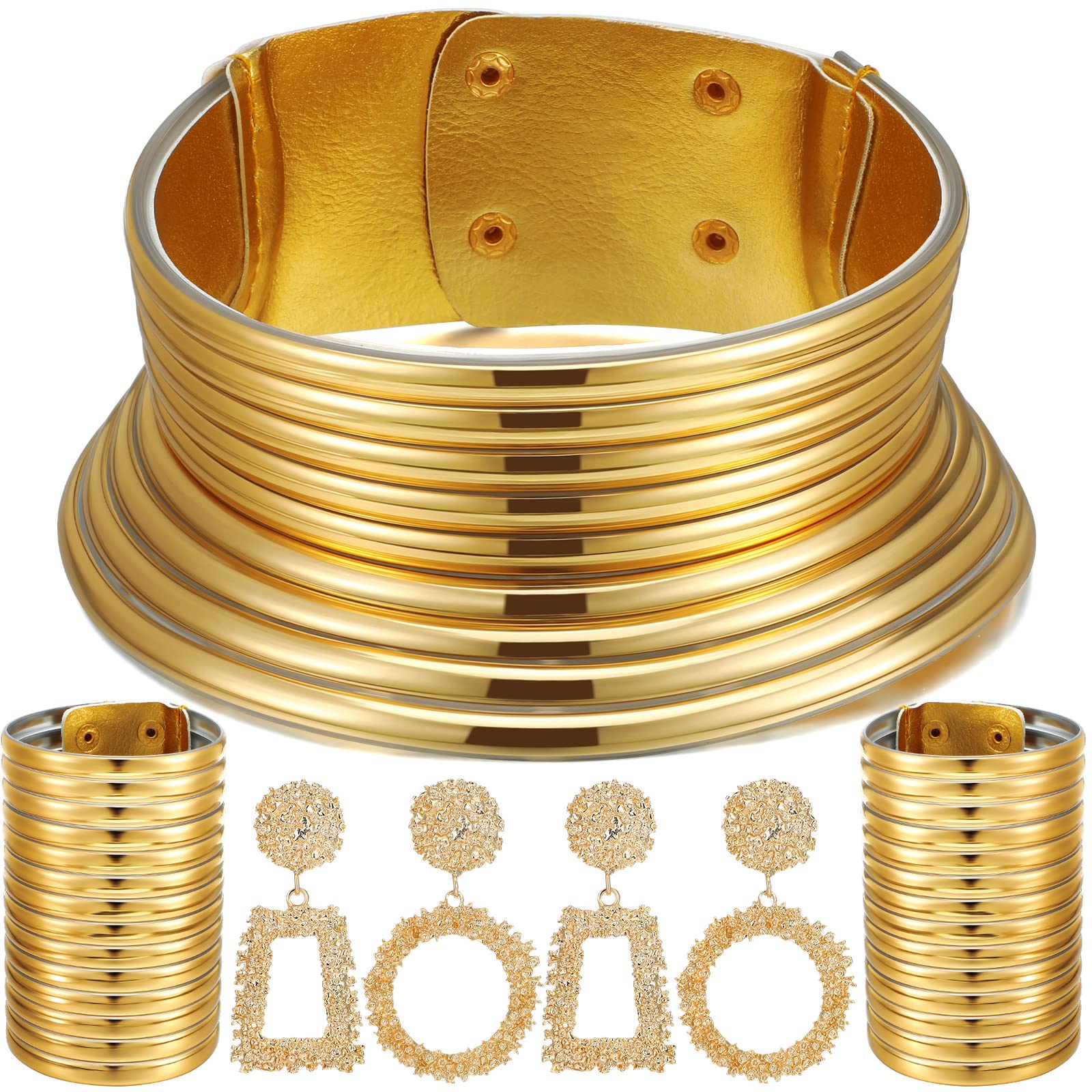 Junkin 5 Pieces African Vintage Jewelry Set Includes Statement Choker Egypt Gold Tone Long Neck Collar Leather Bracelet Stud Earring for Women