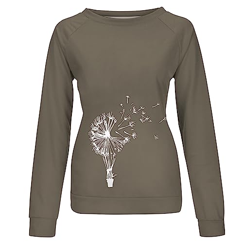 Womens Shirts 2023 Summer Sudaderas estampado diente león mujer suéter otoño suelto de manga larga ropa cuello redondo camisa de invierno T1-Gray Medium