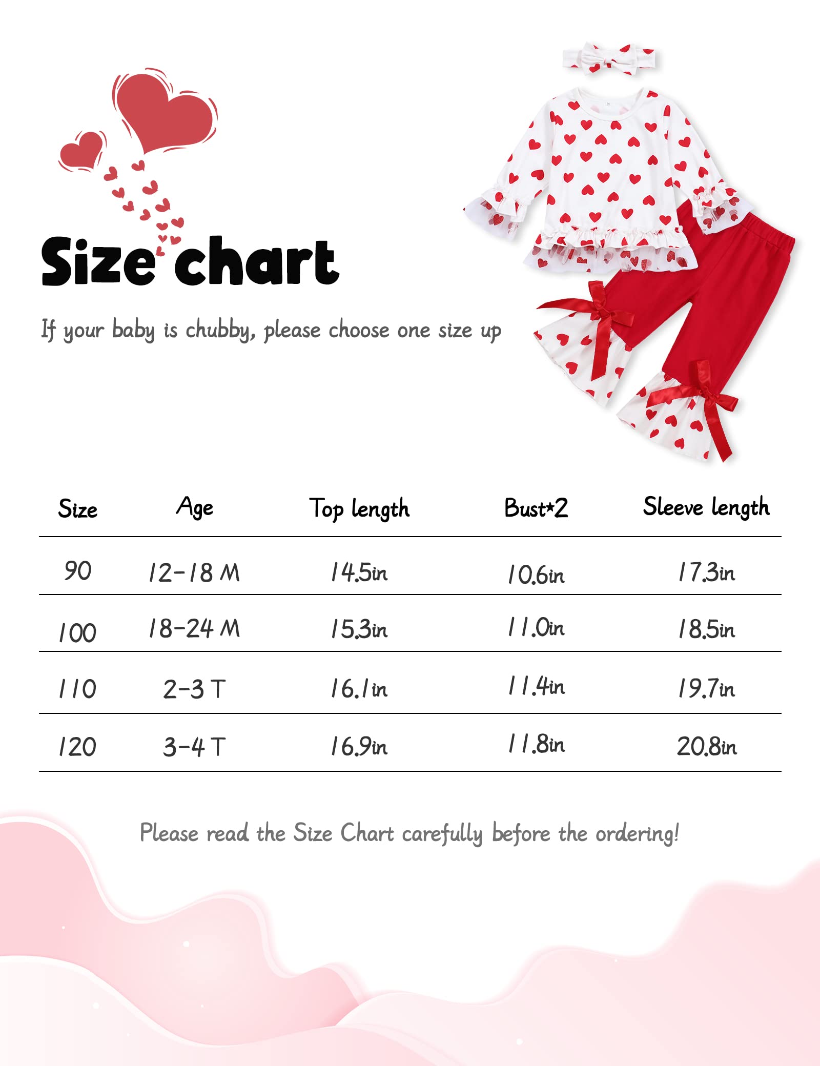 Toddler Baby Girl Valentine's Day Outfit Long Sleeve Ruffle Heart Printed Top Bell Bottom Pants Headband 3Pcs Set