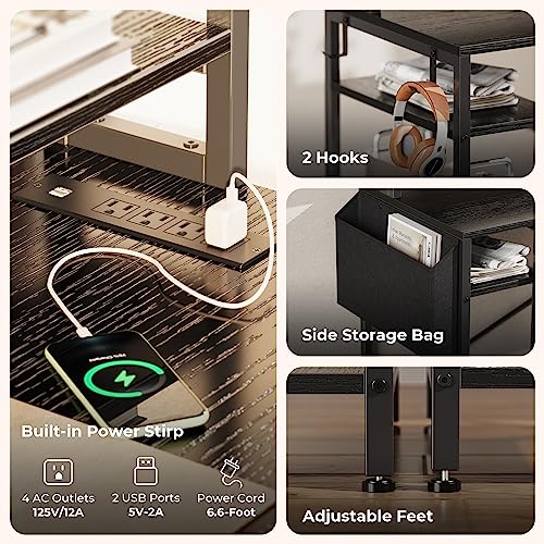 Huuger 55 inch Computer Desk with Adjustable Shelves, Gaming Desk with LED Lights & Power Outlets, Home Office Desk with Monitor Stand, Hooks & CPU Stand, Black
