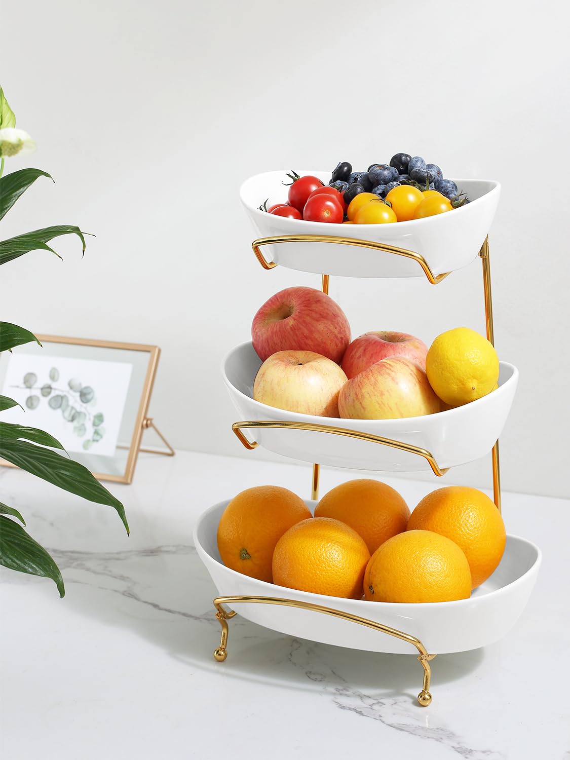 Yedio Fruit Bowls for Kitchen Counter, 3 Tier Ceramic Fruit Basket with Serving Bowls Metal Stand, Tiered White Porcelain Bowls for Fruit Vegetable Storage, Snack, Nuts, Cake, Dessert