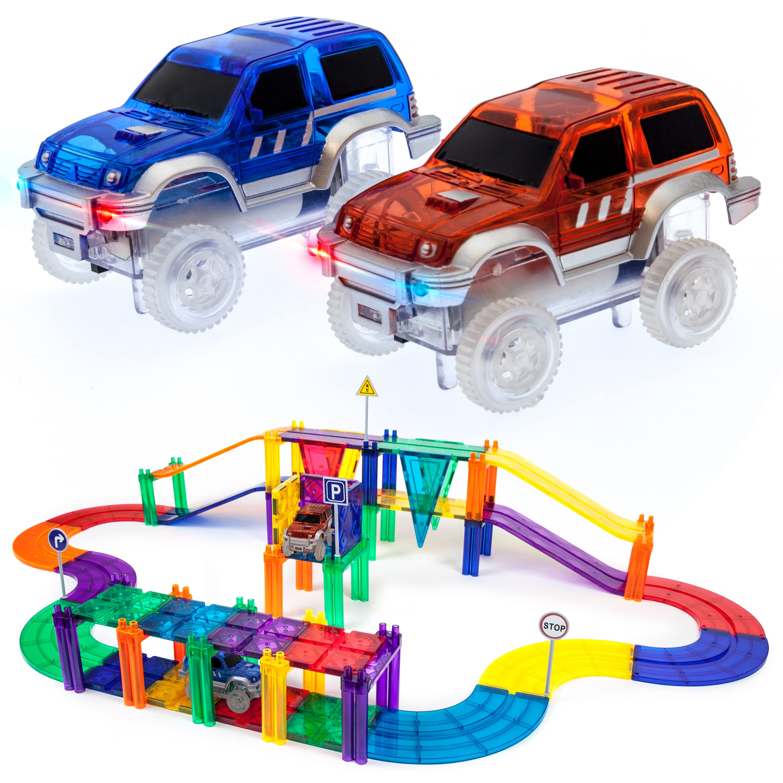 PicassoTiles 50 Piece Race Car Track + Ideabook with Over 150+ Ideas, Magnet DIY Playset 2 Light Up Car STEM Learning Kit Hand-Eye Coordination Fine Motor Skill Training, Unique Innovative Creations