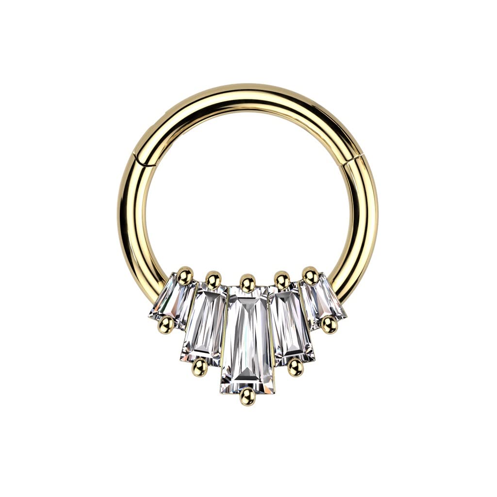 Pierced Owl 16GA 316L Stainless Steel 5 CZ Crystal Baguette Fan Hinged Segment Ring (Gold Tone)