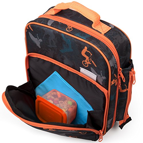 Insulated Lunch Box w Snack Pocket & Water Bottle Holder- Boys or Kids School Lunchbox Tote Keeps Food Hotter or Colder Longer- Reusable Bag Fits Most Bento Boxes Ice Packs Nesting Containers- Sports