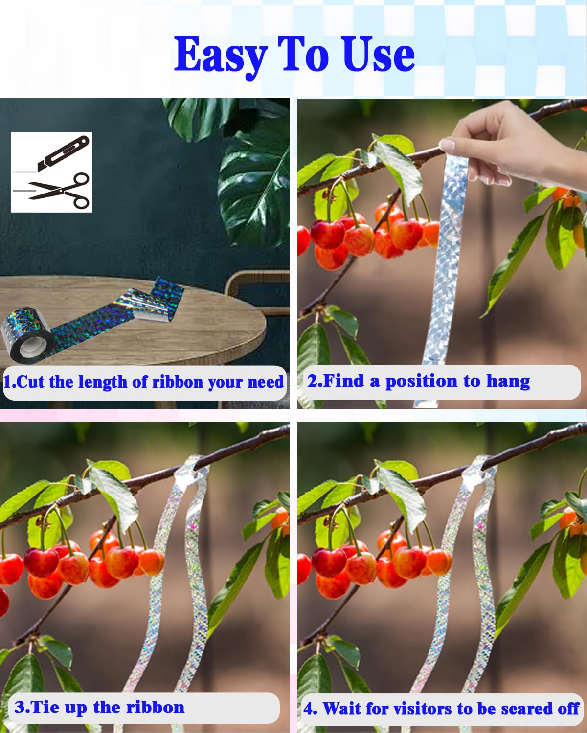 Whtawtaw 2 Rolls 328 FT Bird Scare Tape Ribbon, Deterrent Visual Audible Reflective Tape to Keep Away Birds, Holographic Double Sided Flash Tape for Outdoor, Garden, Balcony
