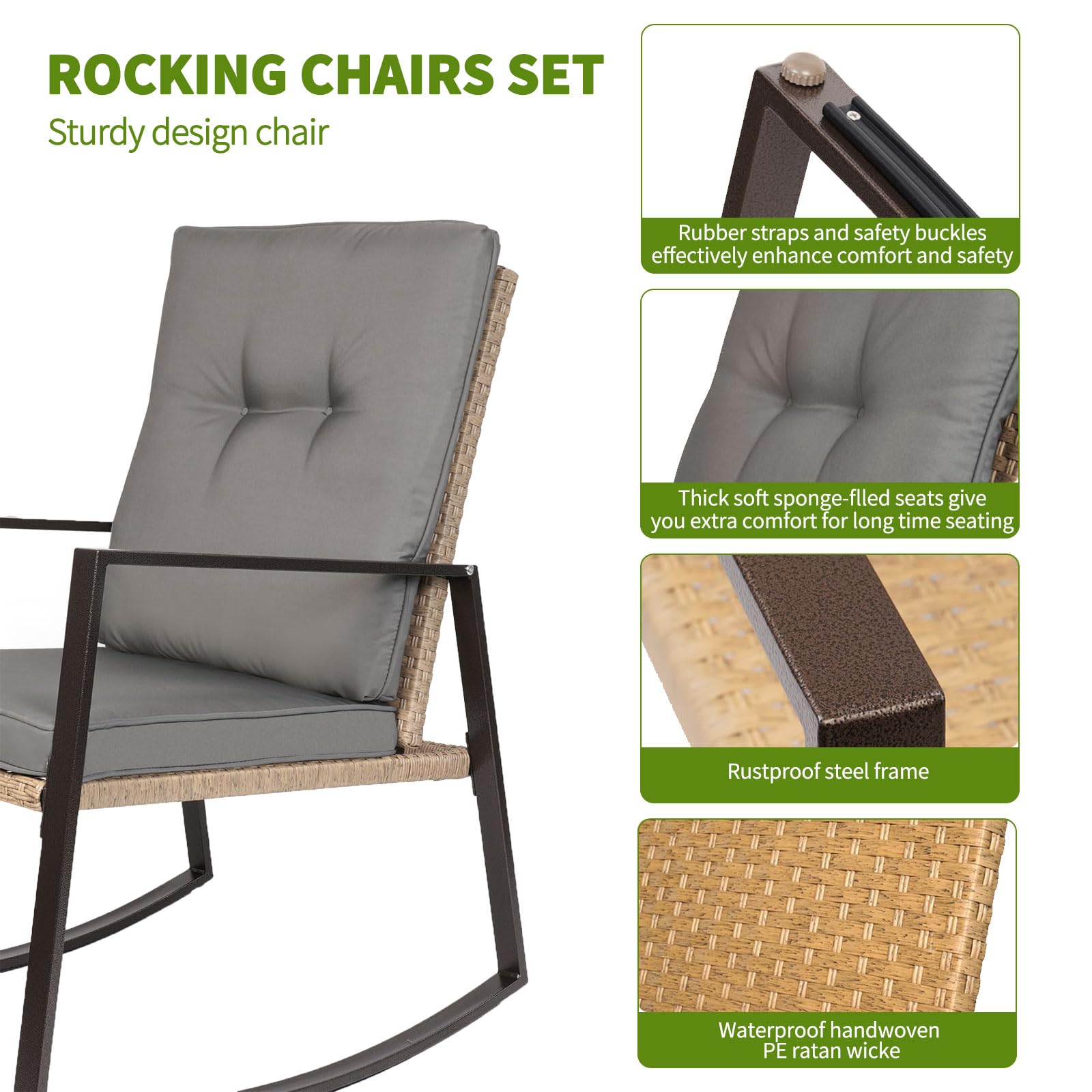 VSMKSJ 3 Pieces Patio Rocking Chairs Set of 2, Outdoor Wicker Patio Sets Conversation Coffee Table for Front Porch,Balcony,Garden,Poolside,Washable Cushion (Grey)