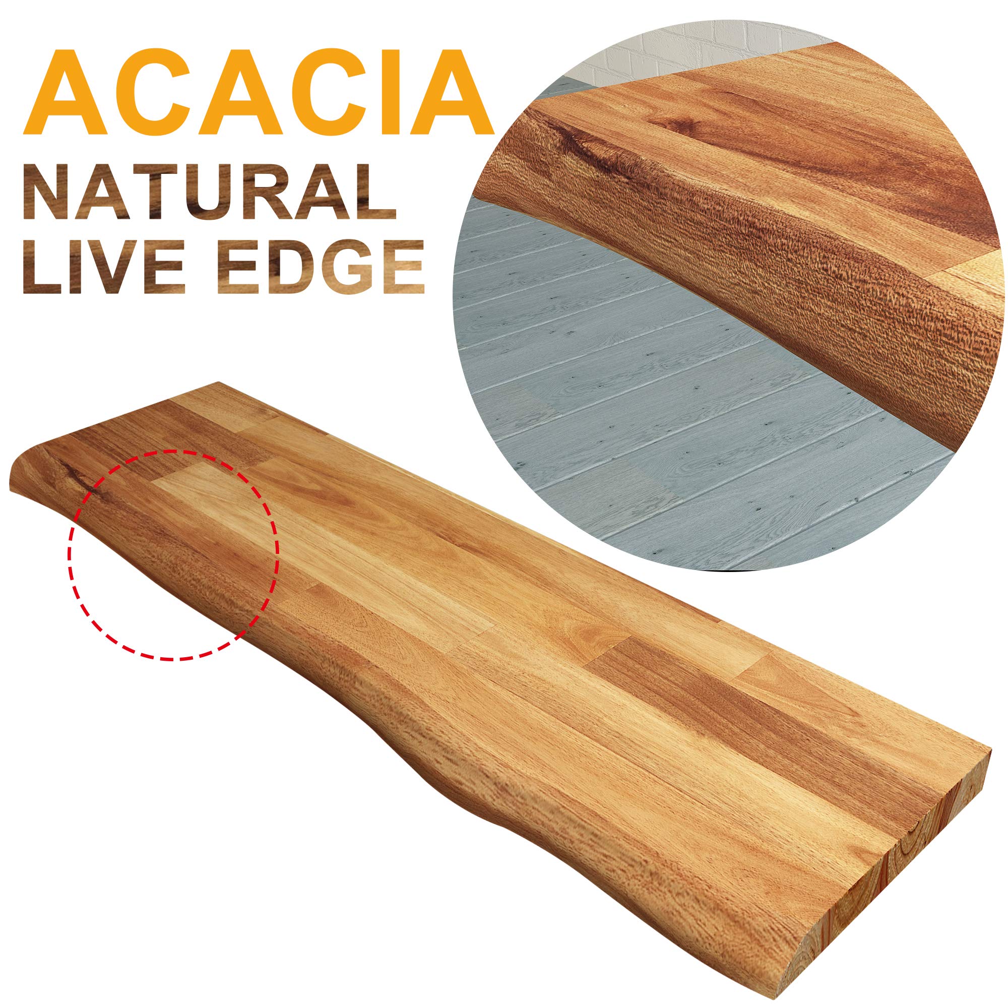 INTERBUILD REAL WOOD Wall Mounted Floating Shelf, Solid Acacia Wood with Exposed Natural Edge 47" x 10", Holds up to 22lbs. - Golden Teak