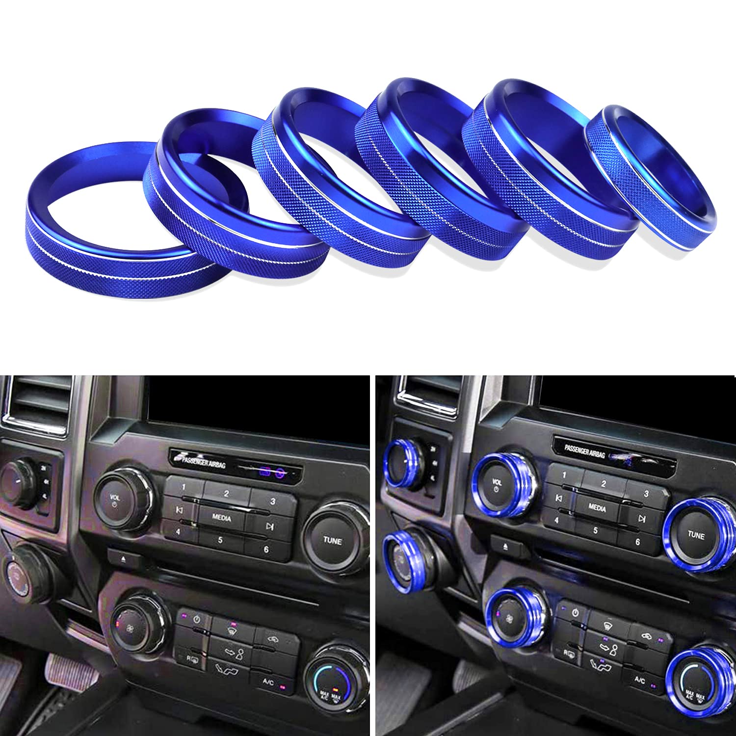 Kujunpao Air Conditioner Switch Trim Cover Aluminum Center Console Knob Compatible for Ford F150 XLT Accessories 2015-2019 6PCS(Blue)