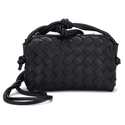 Woven Crossbody Bags For Women, Small Handmade Purse Clutch Shoulderbag Handbag, Zipper Closure (Black)