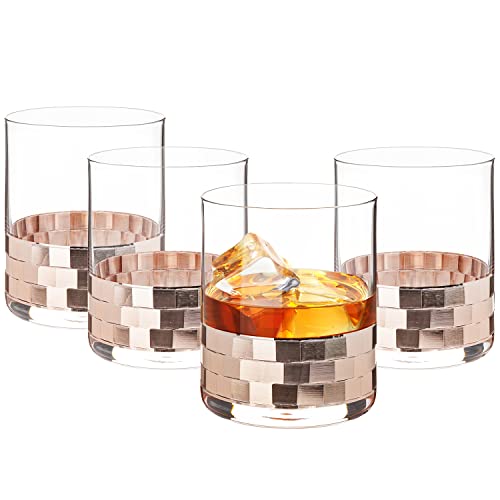 MyGift Whiskey Glasses Set of 4, Cocktail Mixed Drink Beverage Tumbler Drinkware with Copper Plating Bottom Rim