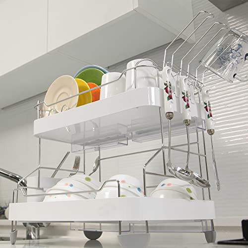 TULGIGS Sink Dish Drying Rack Two Tier Shelf Liner Dish Holder with High Grossy Dish Drainer Cup Holder Spoon Storage Knife Case