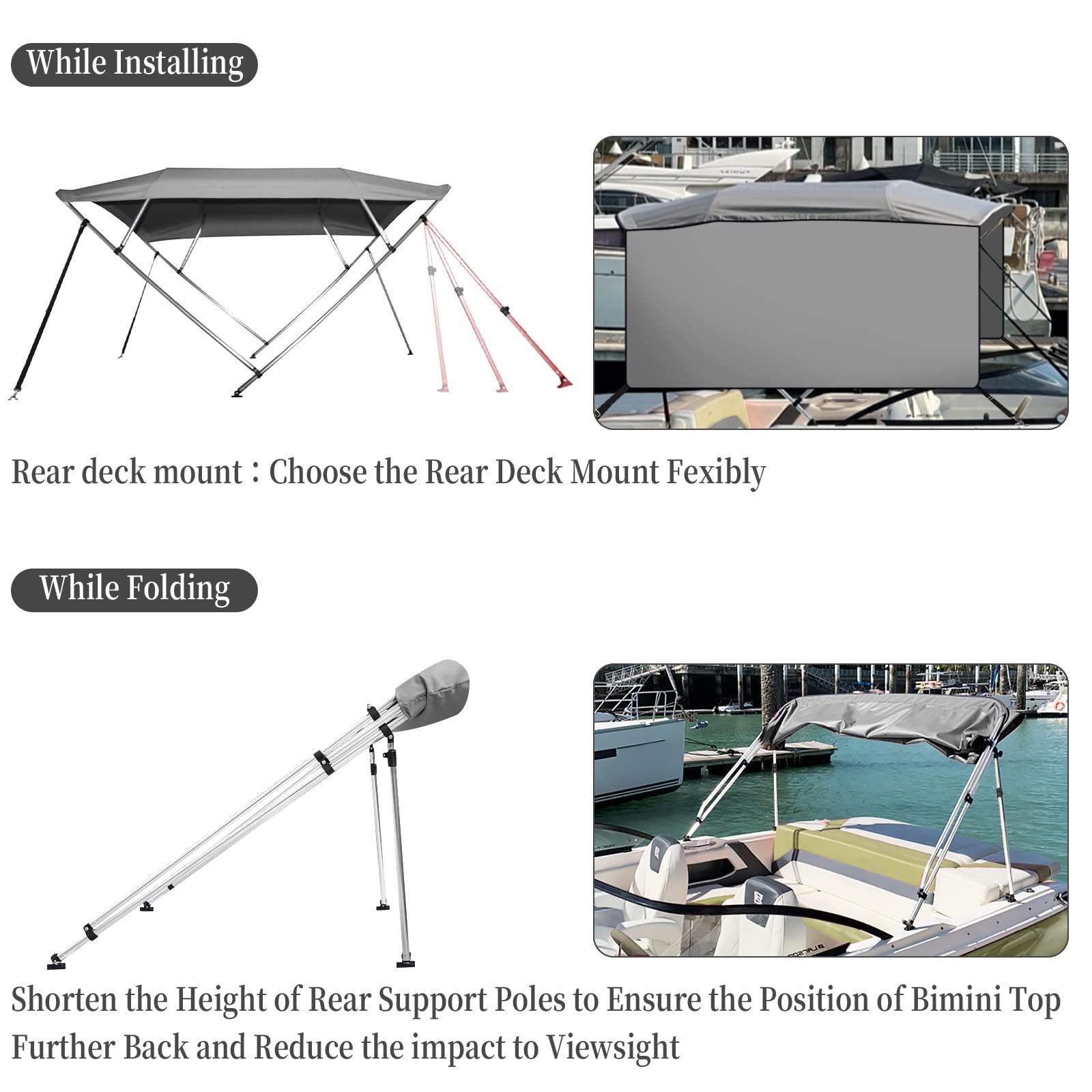 MAROUTE 3 Bow Bimini Top Boat Cover with 1” Aluminum Alloy Frame, Includes 2 Straps, 2 Adjustable Rear Support Poles with Zippered Storage Boot and PU Coating Canvas (6'L x 46" H x 67"-72" W, Grey)