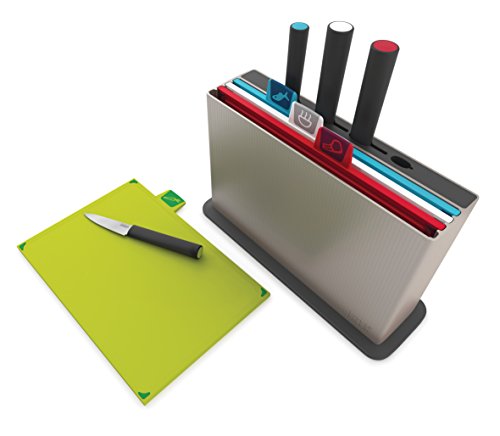 Joseph Joseph Index Plastic Cutting Board Set with 4 Matching Knives and Storage Case Color-Coded Dishwasher-Safe Non-Slip, Small, , Silver with Knives
